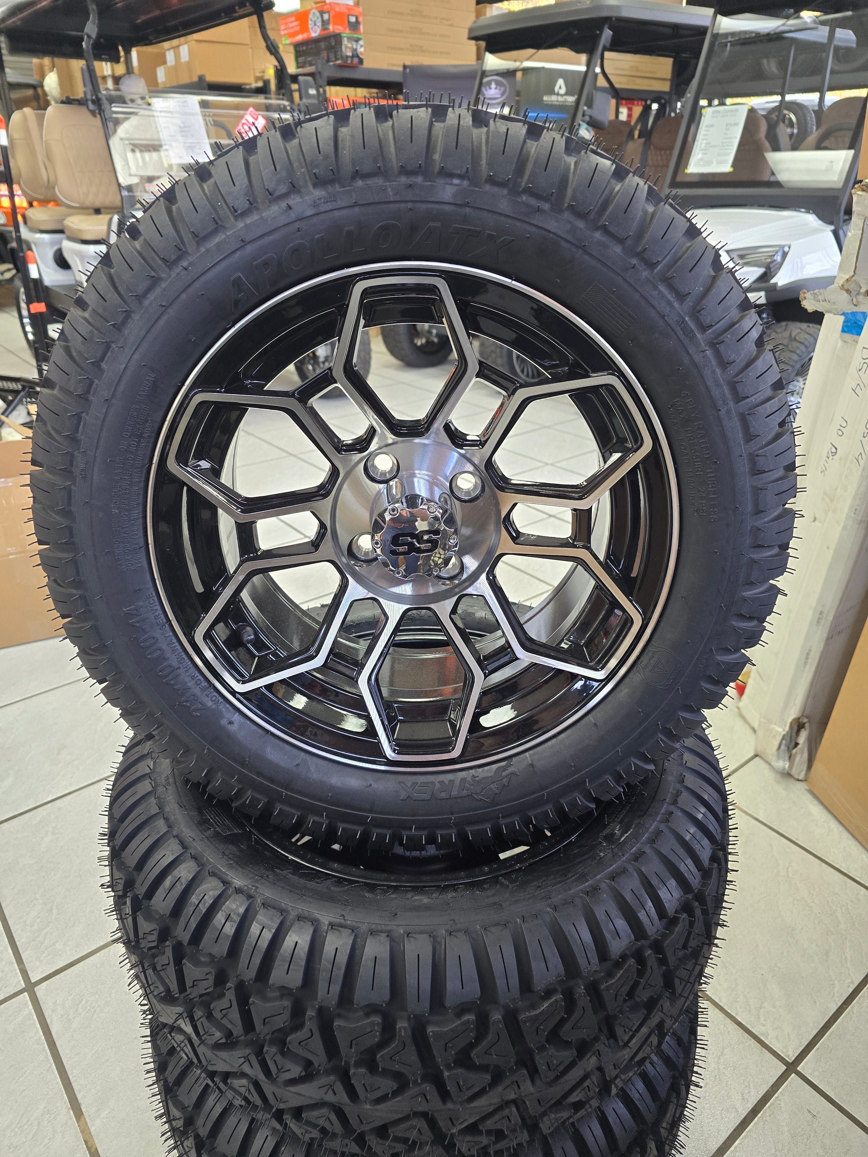 14" EVOLUTION GOLF CART WHEELS ON 23x10-14 DOT ALL TERRAIN TIRES (4-PL ...