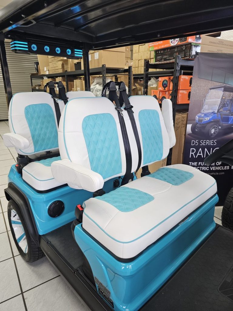 Evolution D5 Golf Cart Custom Diamond Stich Seat Covers White & Sky Bl ...