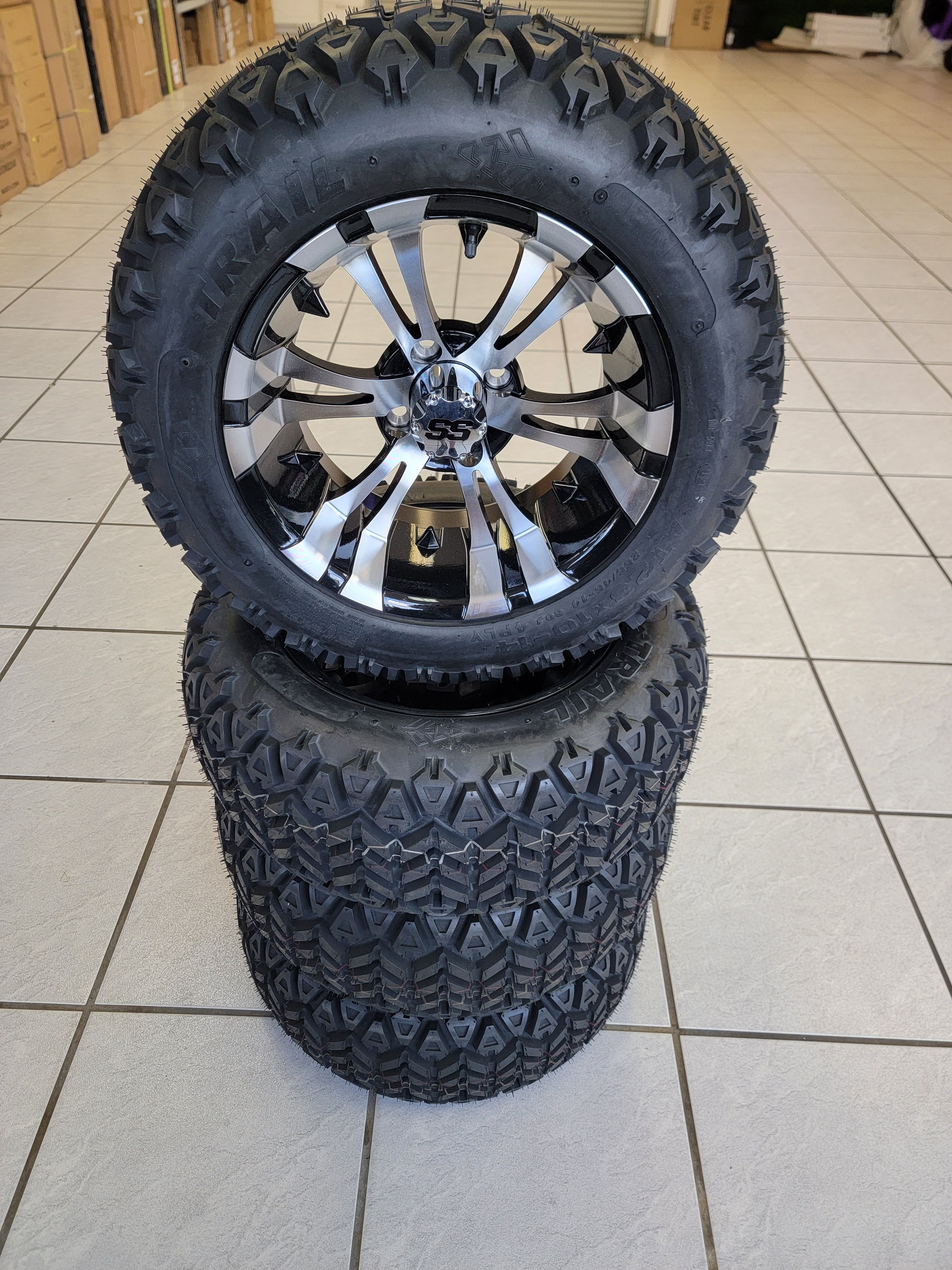 GOLF CART 14" VAMPIRE MACHINED & BLACK WHEELS ON 14x23" ALL TERRAIN TI ...